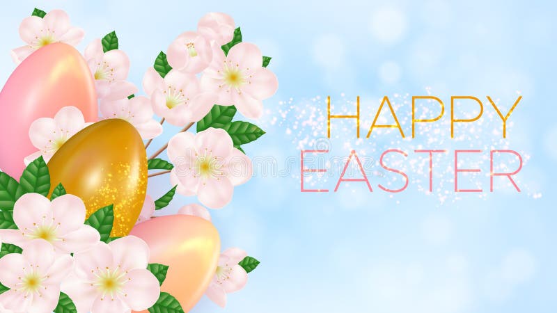 Easter Light Blue Background with Realistic Easter Eggs and Cherry ...