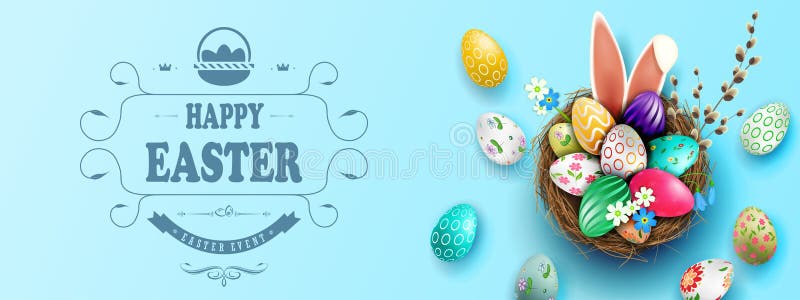 Easter Light Blue Illustration, Eggs in a Basket with a Beautiful ...