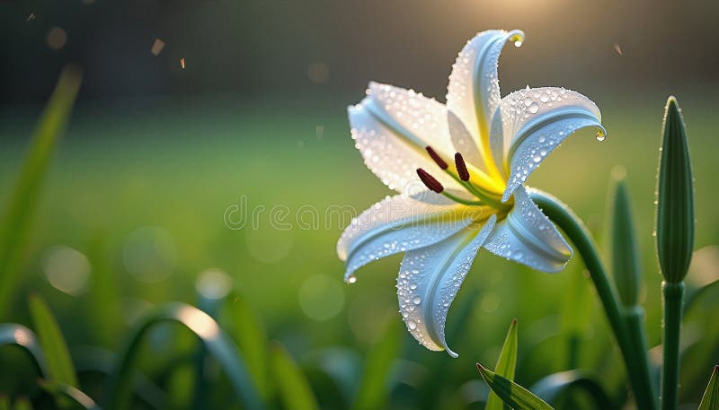 Easter Lily with Dew Drops in Green Grass Backdrop, Spring Freshness ...