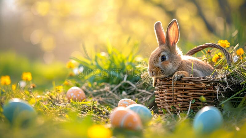 Easter Little Bunny and Colored Eggs on the Ground, Generative AI ...