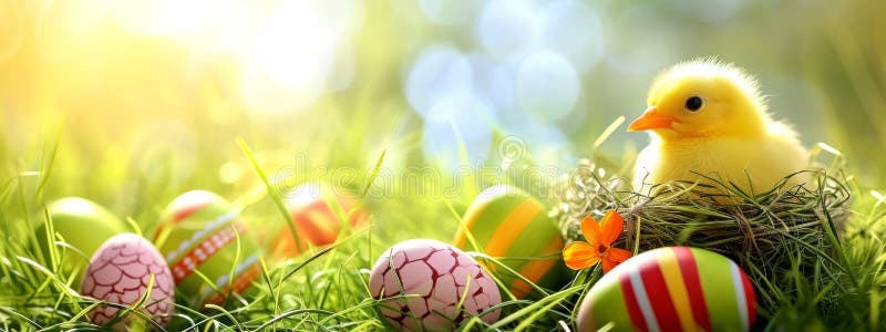 Easter Little Bunny and Colored Eggs on the Ground, Generative AI ...