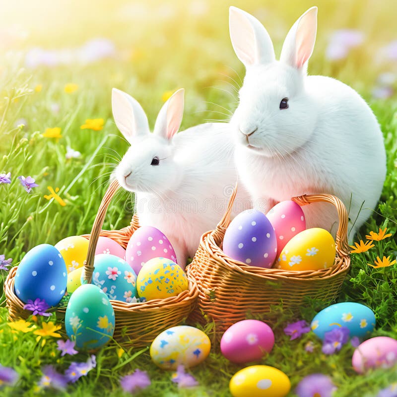 An Easter Hare on a Summer Meadow with Colored Eggs Stock Illustration ...