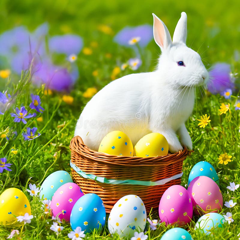 An Easter Hare on a Summer Meadow with Colored Eggs Stock Illustration ...