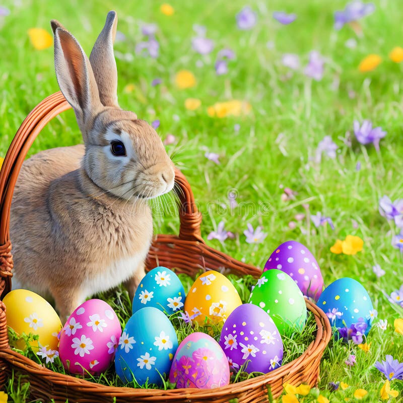 An Easter Hare on a Summer Meadow with Colored Eggs Stock Illustration ...