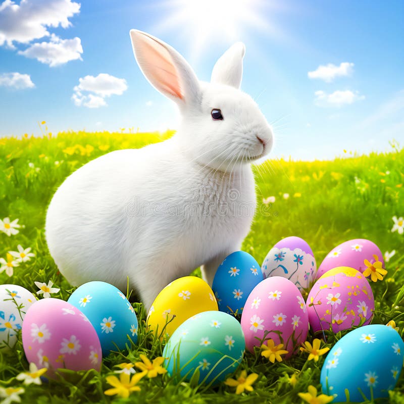 An Easter Hare on a Summer Meadow with Colored Eggs Stock Illustration ...