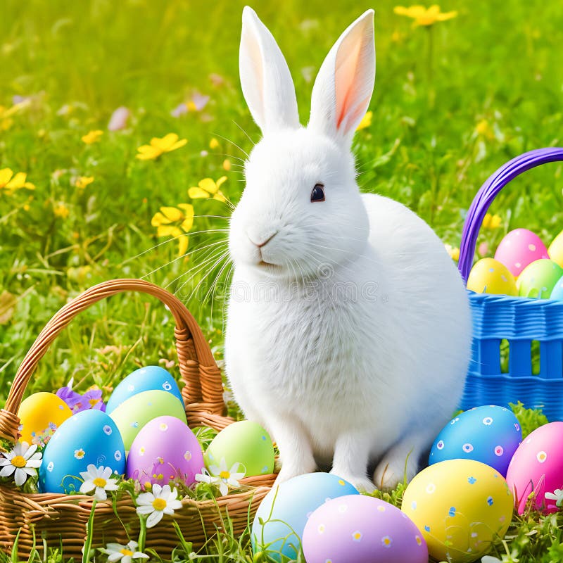 An Easter Hare on a Summer Meadow with Colored Eggs Stock Illustration ...