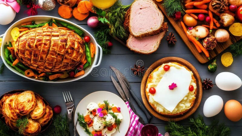 Easter Lunch with Scalloped Potatoes, Ham, and Colorful Eggs Stock Photo - Image of abundance ...