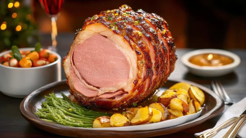 Easter Lunch with Scalloped Potatoes, Ham, and Colorful Eggs Stock ...