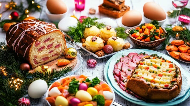 Easter Lunch with Scalloped Potatoes, Ham, and Colorful Eggs Stock Photo - Image of family ...