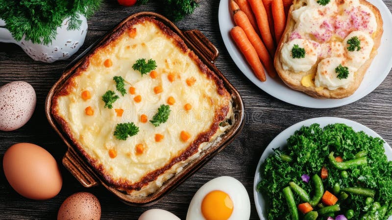 Easter Lunch with Scalloped Potatoes, Ham, and Colorful Eggs Stock ...