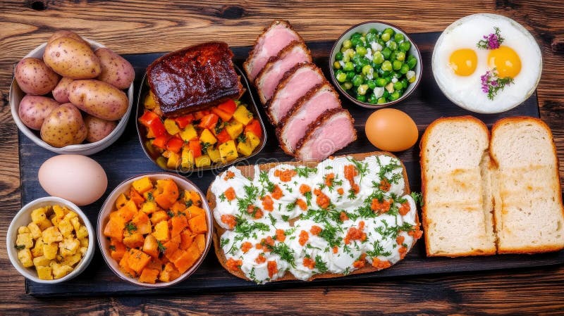 Easter Lunch with Scalloped Potatoes, Ham, and Colorful Eggs Stock Image - Image of people ...