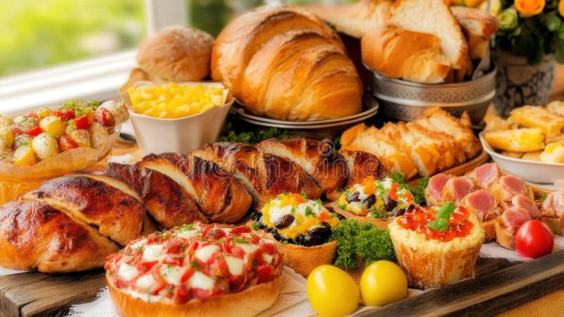 Easter Lunch with Scalloped Potatoes, Ham, and Colorful Eggs Stock ...