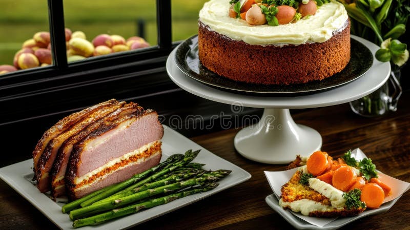 Easter Lunch with Scalloped Potatoes, Ham, and Colorful Eggs Stock Photo - Image of easter, food ...