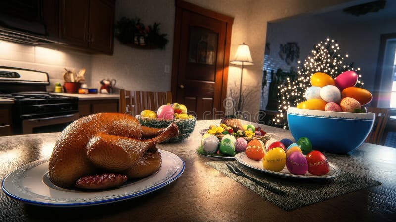 Easter Lunch with Scalloped Potatoes, Ham, and Colorful Eggs Stock ...