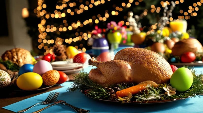 Easter Lunch with Scalloped Potatoes, Ham, and Colorful Eggs Stock ...