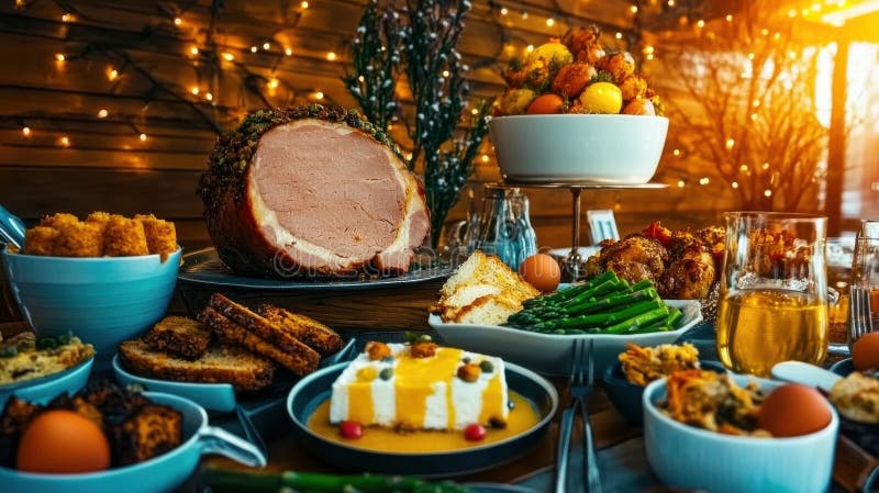 Easter Lunch with Scalloped Potatoes, Ham, and Colorful Eggs Stock ...