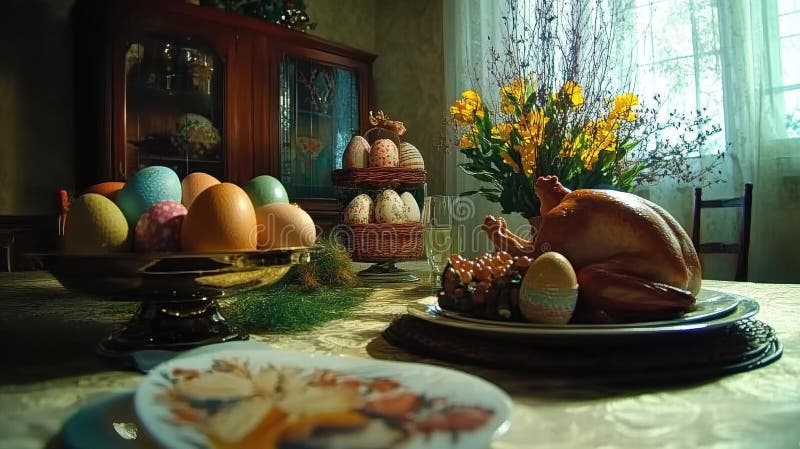 Easter Lunch with Scalloped Potatoes, Ham, and Colorful Eggs Stock ...