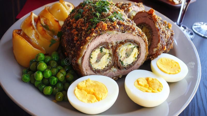 Easter Lunch with Scalloped Potatoes, Ham, and Colorful Eggs Stock ...