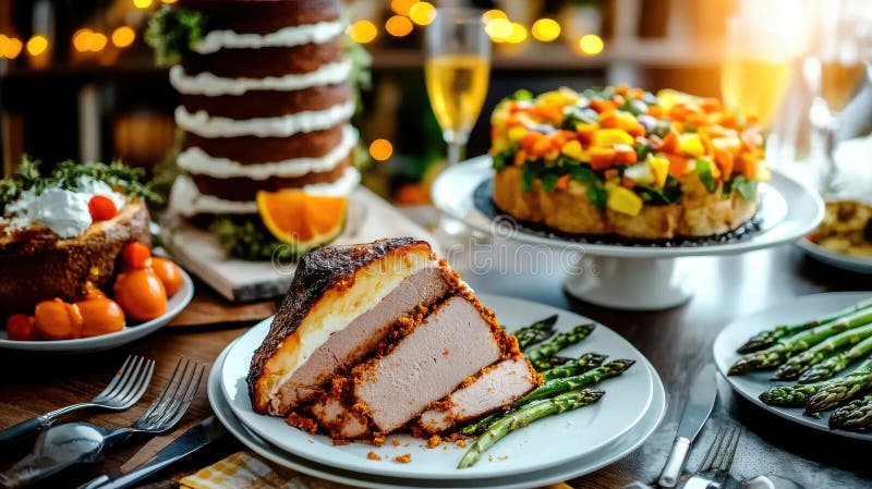 Easter Lunch with Scalloped Potatoes, Ham, and Colorful Eggs Stock ...