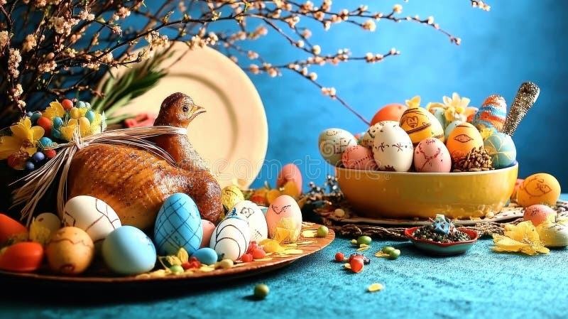 Easter Lunch with Scalloped Potatoes, Ham, and Colorful Eggs Stock ...