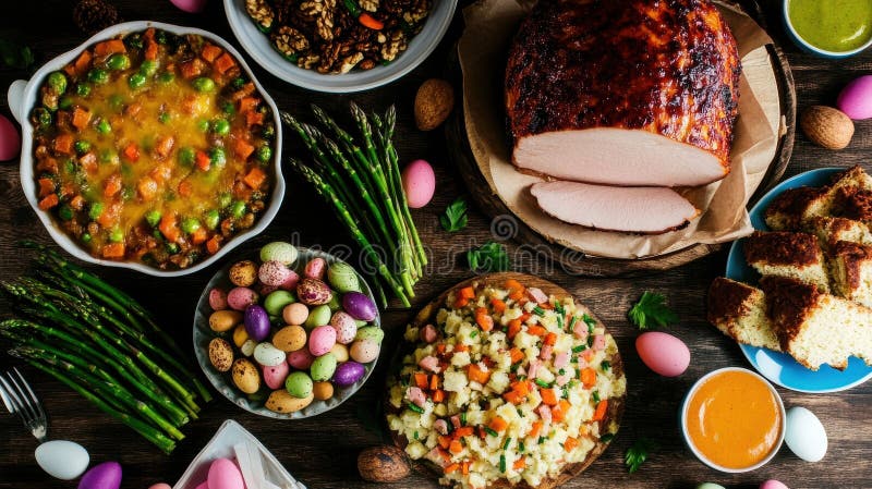 Easter Lunch with Scalloped Potatoes, Ham, and Colorful Eggs Stock ...
