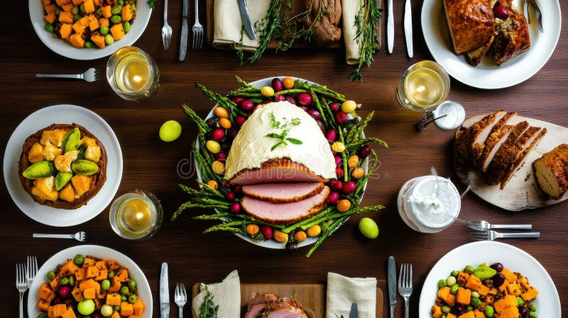 Easter Lunch with Scalloped Potatoes, Ham, and Colorful Eggs Stock Photo - Image of cheer ...