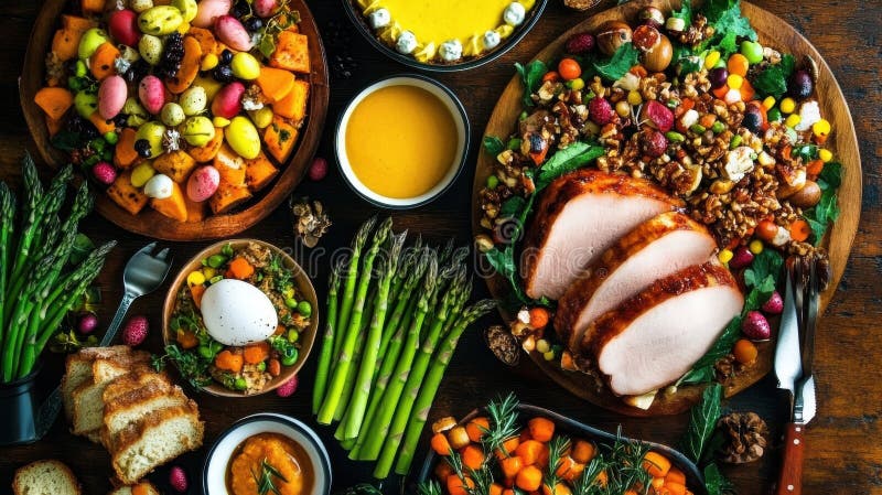 Easter Lunch with Scalloped Potatoes, Ham, and Colorful Eggs Stock ...