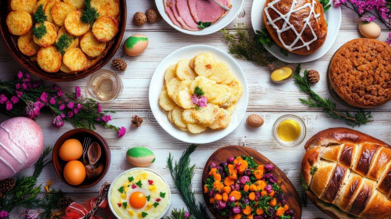 Easter Lunch with Scalloped Potatoes, Ham, and Colorful Eggs Stock Image - Image of cooked ...