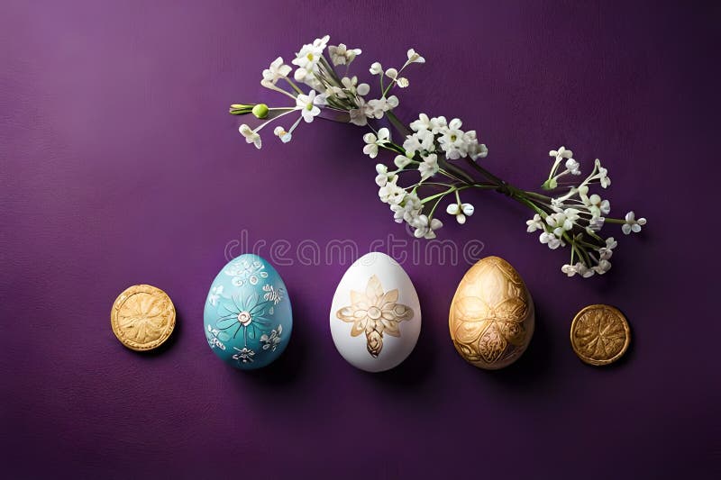 Easter Magic: Gypsophila and Eggs on a Top-View Purple Background Stock ...