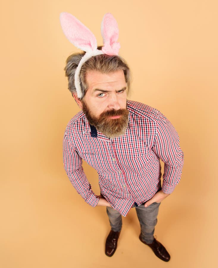 Easter Man. Bearded Guy in Bunny Ears Preparation for Easter. Bunny Man ...