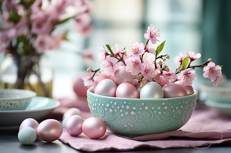 Easter Mint Pink Decor with Painted Pink Eggs and Pink Flowers Stock ...
