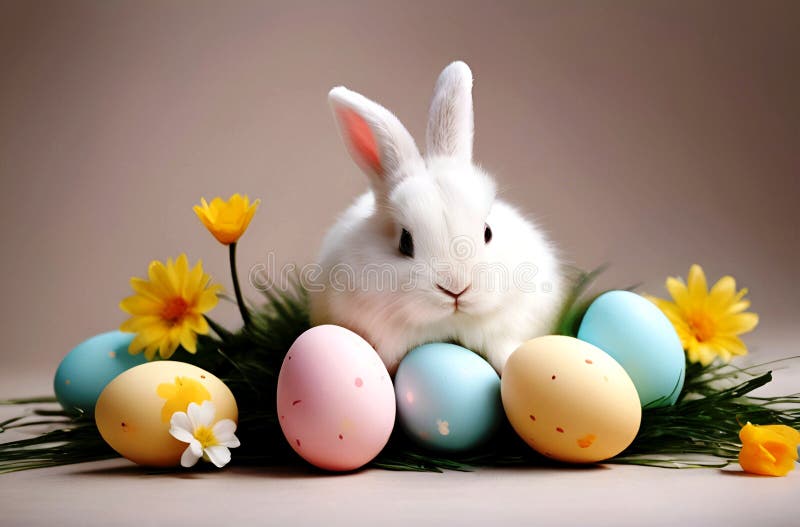 Easter Monday Day Celebration. a White Rabbit in a Beautiful Pile of ...