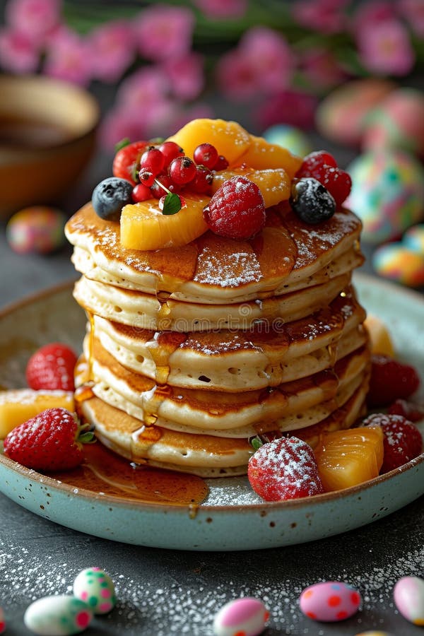 An Easter Morning Breakfast with a Pancake Stack, with Colorful Fruits ...