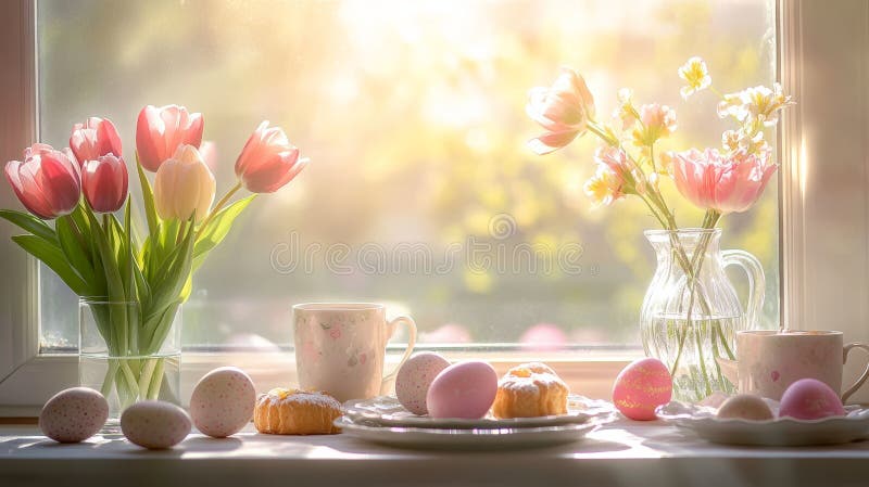 Easter Morning Table Adorned Spring Bouquet Eggs Stock Photos - Free ...