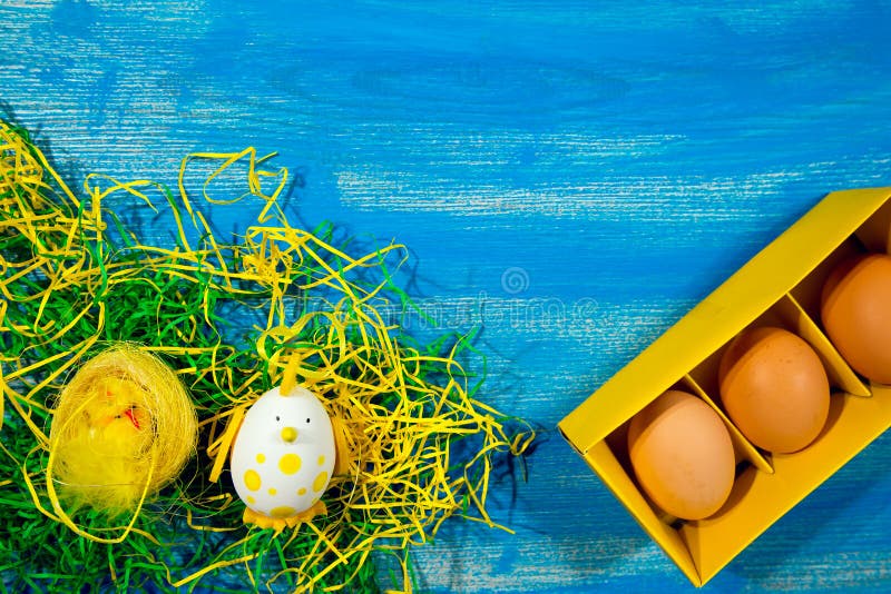 Easter Motives on a Blue Wooden Background Stock Image - Image of ...