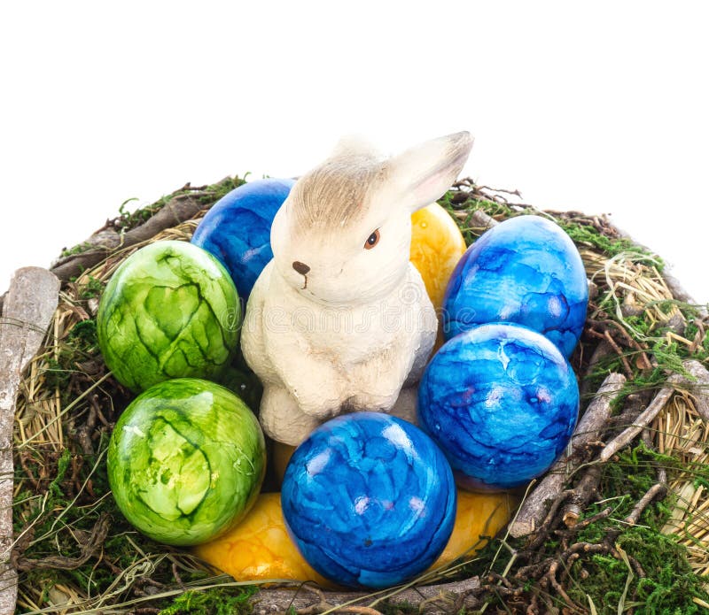 Easter Nest with Eggs and Bunny in Studio Stock Photo - Image of ...
