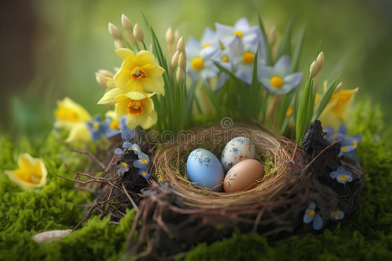 Easter Natural Background with Eggs in the Nest and Spring Flowers ...