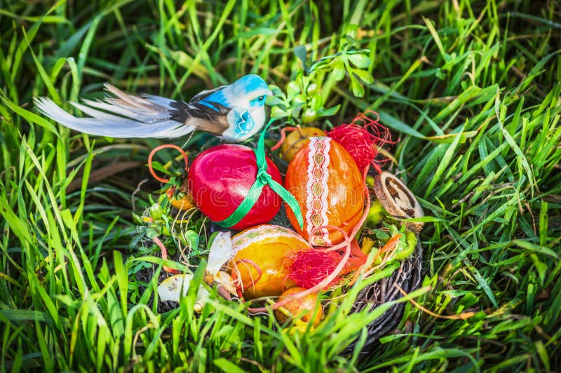 Easter Nest with Decorating Eggs and Blue Bird in Garden Grass Stock ...