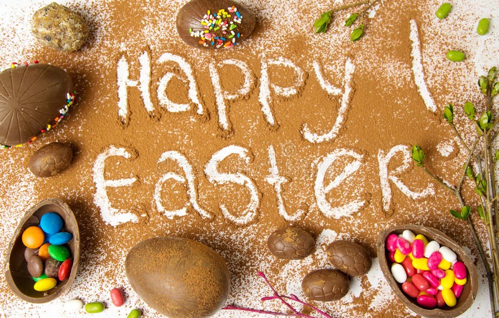 Easter Note in Cacao Powder with Chocolate Eggs Stock Image - Image of ...