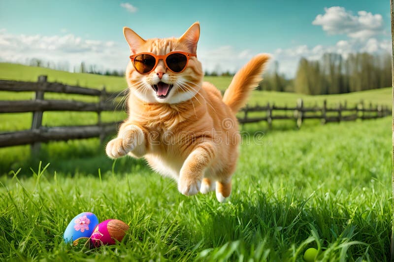 Easter Orange Cat Running in a Field, Painted Eggs, Egg Hunt Stock ...