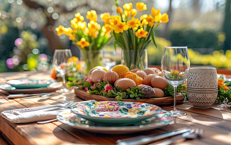 Easter Outdoor Spring Table Setting with Bright Yellow Daffodils and ...