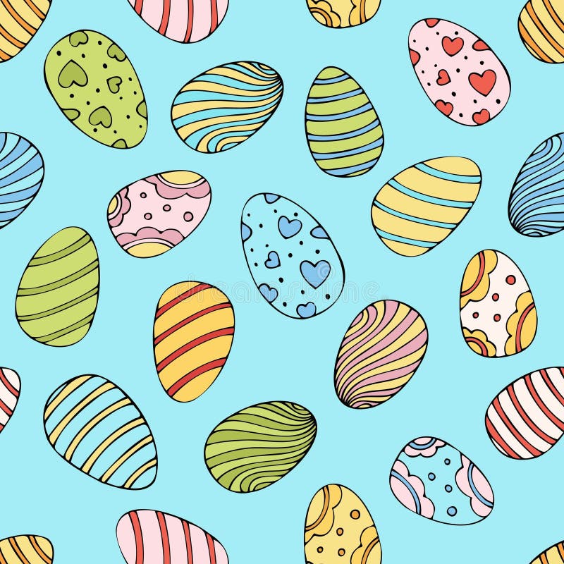 Easter Painted Chicken Eggs on Blue Background, Traditions, Vector Seamless Pattern, Hand Drawn ...