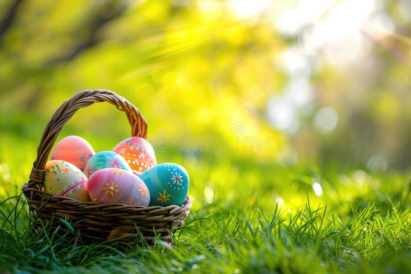 Easter Painted Eggs in Basket on Grass in Sunny Orchard Stock ...