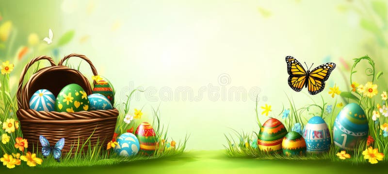 Easter - Painted Eggs in a Basket on Grass in a Sunny Orchard Stock ...