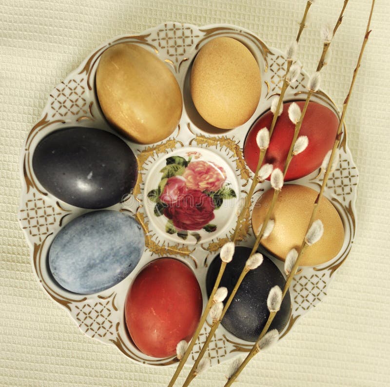 Easter. Painted Easter Eggs on a Ceramic Stand with Willow Branches ...