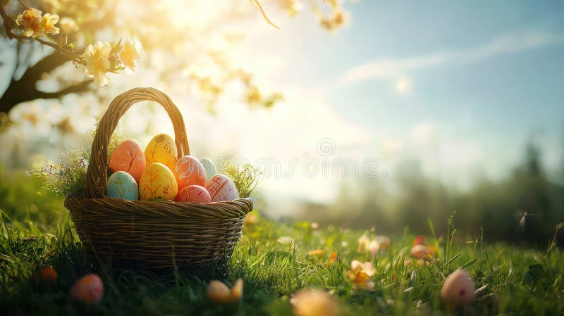 Easter Painted Eggs in Orchard Stock Illustration - Illustration of ...