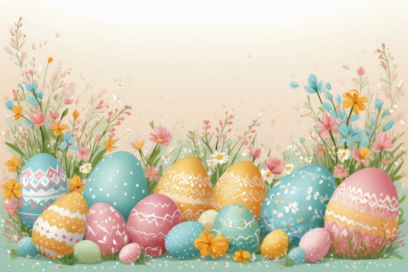 Easter Painting with Pastel Colored Easter Eggs Surrounded by Grass and ...