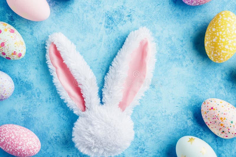 Easter Party Concept with an Easter Bunny Ear, White Eggs, Pink Eggs ...