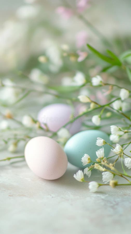 Easter Pastel Eggs and Green Leaves on Soft Background Stock ...