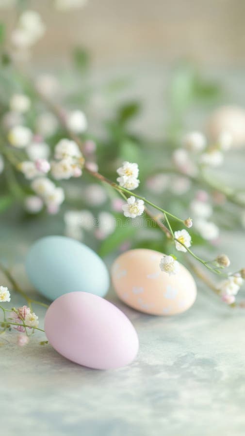 Easter Pastel Eggs and Green Leaves on Soft Background Stock ...